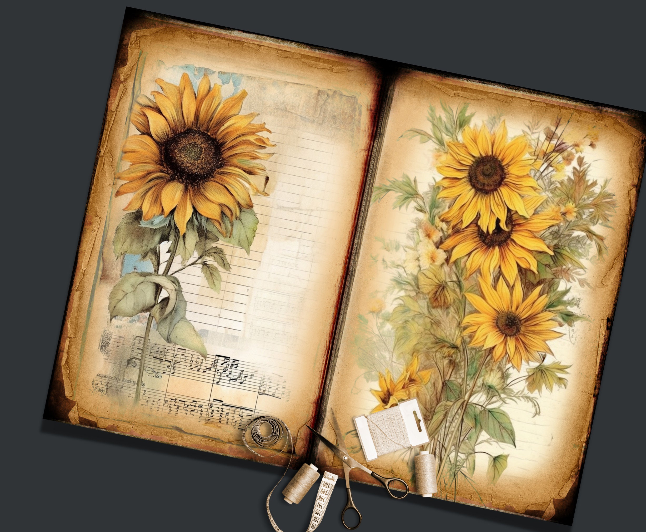 Rustic Sunflower Junk Journal Pages, Vintage Sunflowers Junk Journal ...