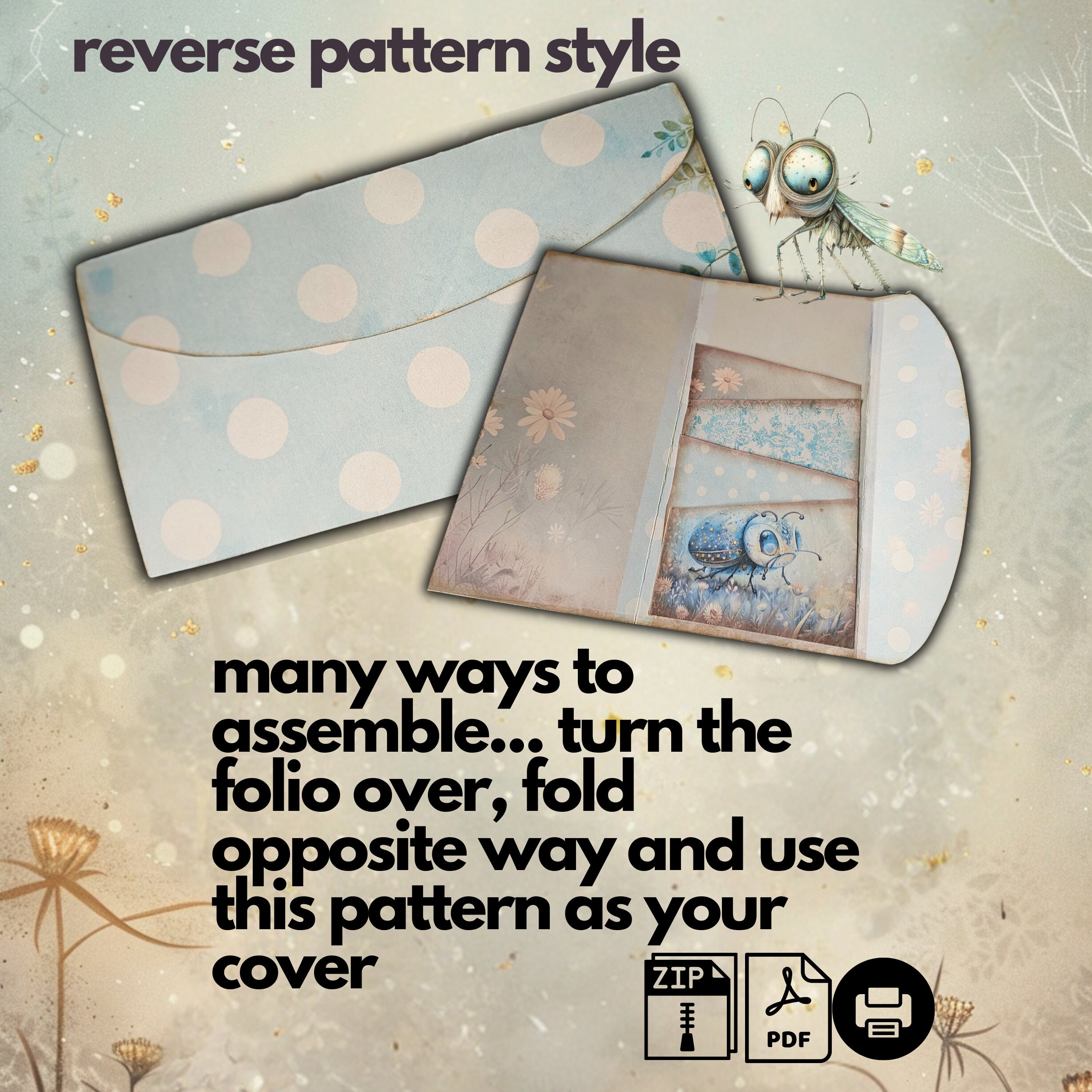 Quirky Bug Junk Journal Folio, Folding Pocket Folder, Folio, Whimsical ...