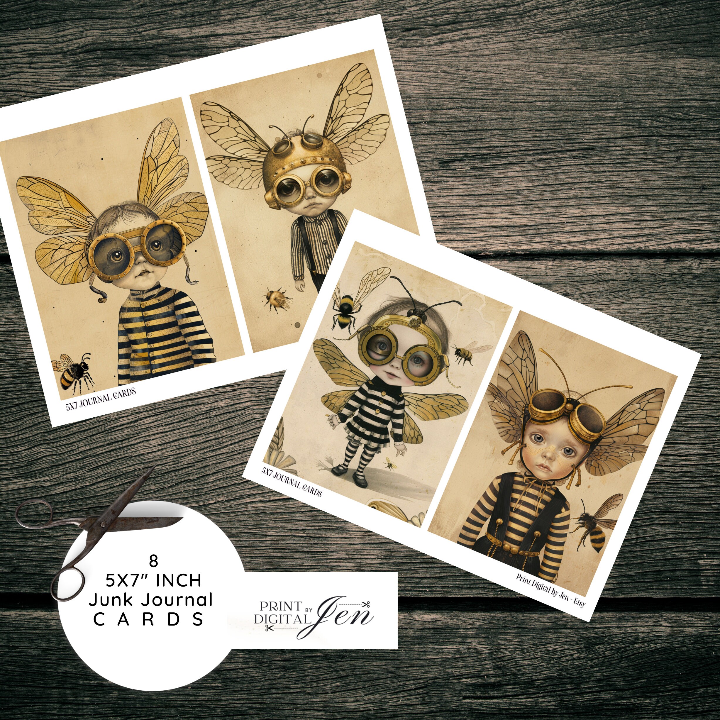 Quirky Bee Kid Cards in 4 Sizes, Printable Vintage Bee Card, Junk ...