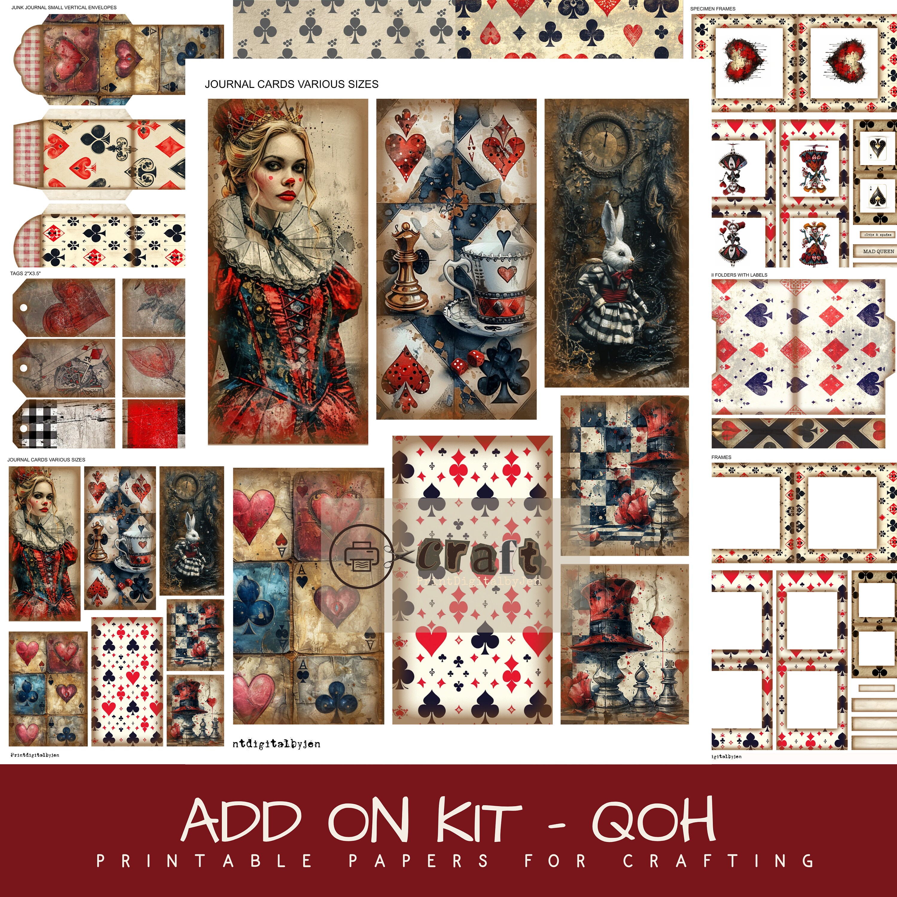 Queen of Hearts Printable Collection Dark Grunge Style Ephemera, Junk Journal, Cards, Tags ...