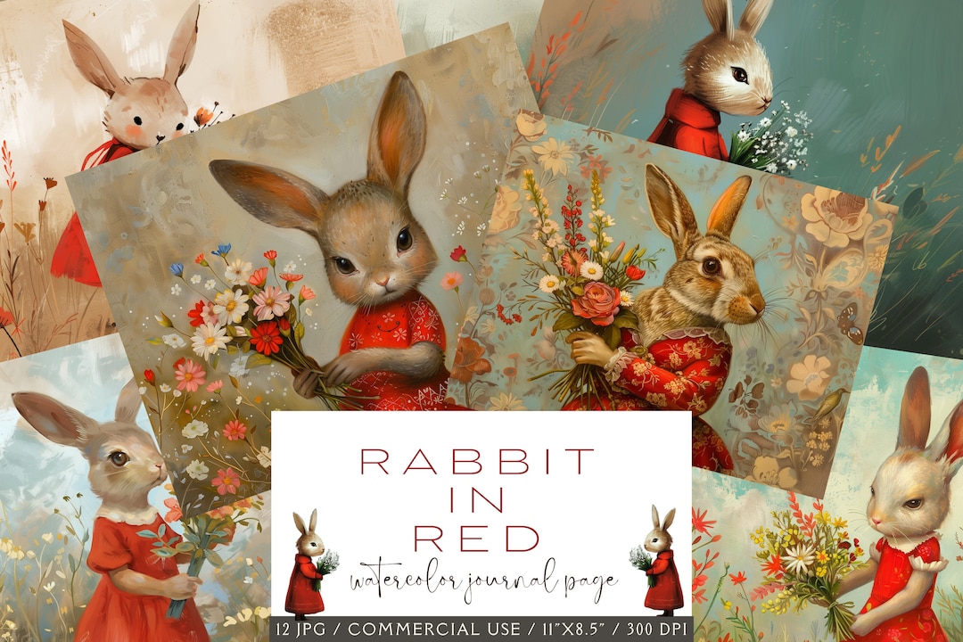 Spring Floral Bunny Rabbit in Red Dress Junk Journal Pages for Crafting ...