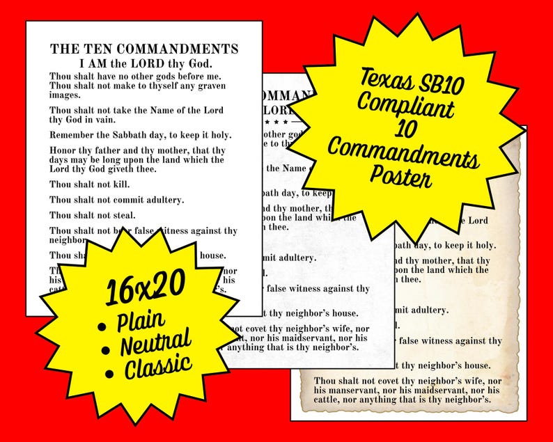 16×20 Ten Commandments Classroom Poster - 3 Design Options for Texas ...