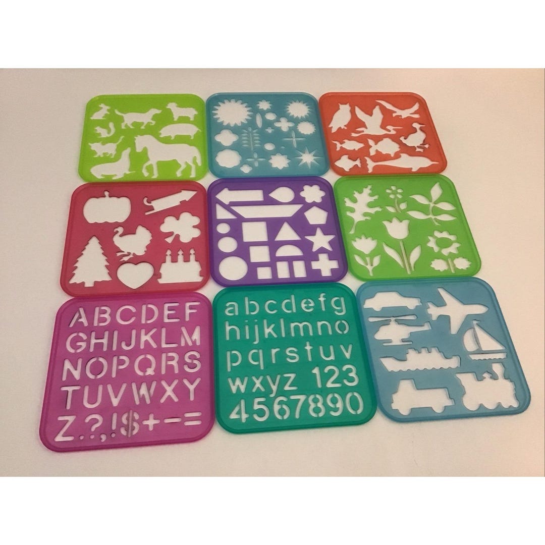 Tupperware Tuppertoys Stencil Art Set Lot of 9 Animals Holidays Abc's ...