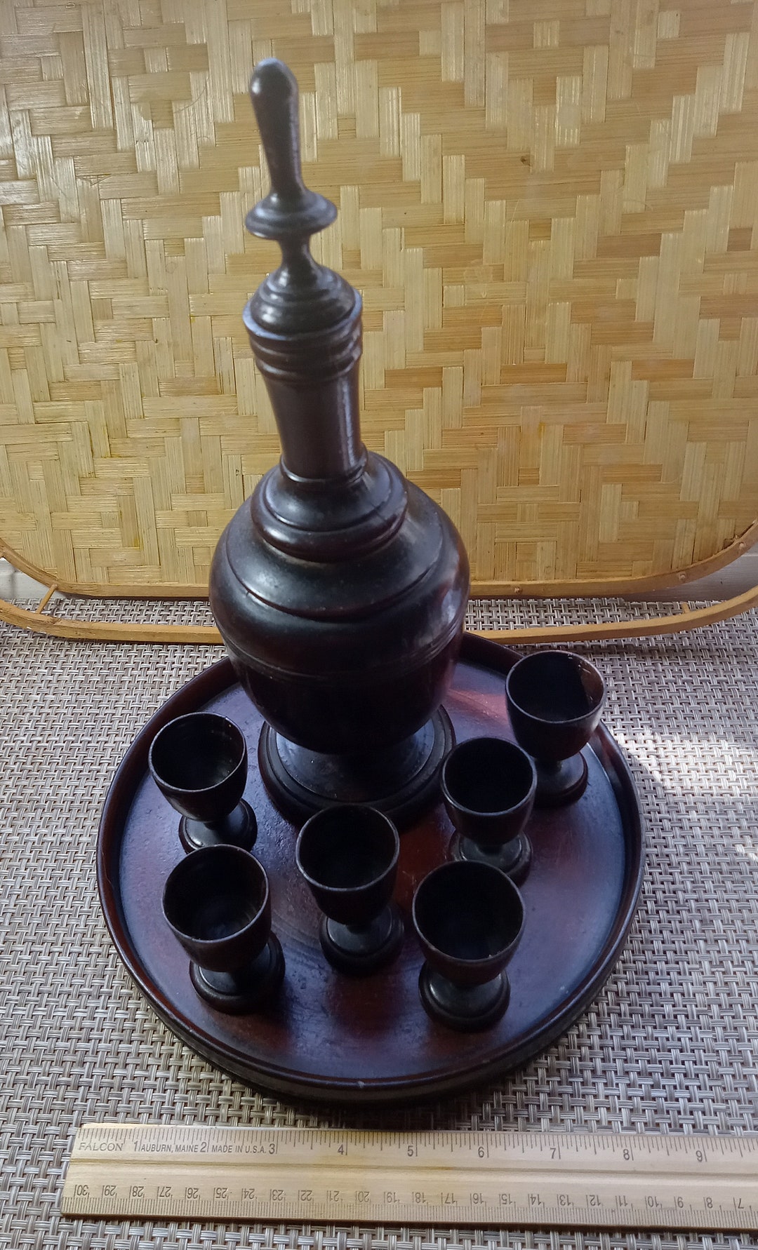 Vintage Turned Wood Decanter Handmade Folk Art 12 H 9 Tray 6 Goblets ...