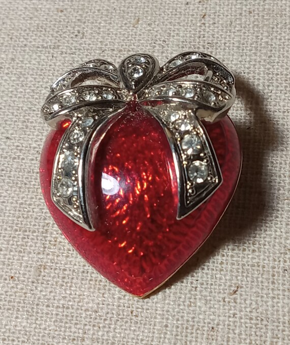 Vintage PCI Guilloche Enamel Red Heart Brooch with Bow - Gem
