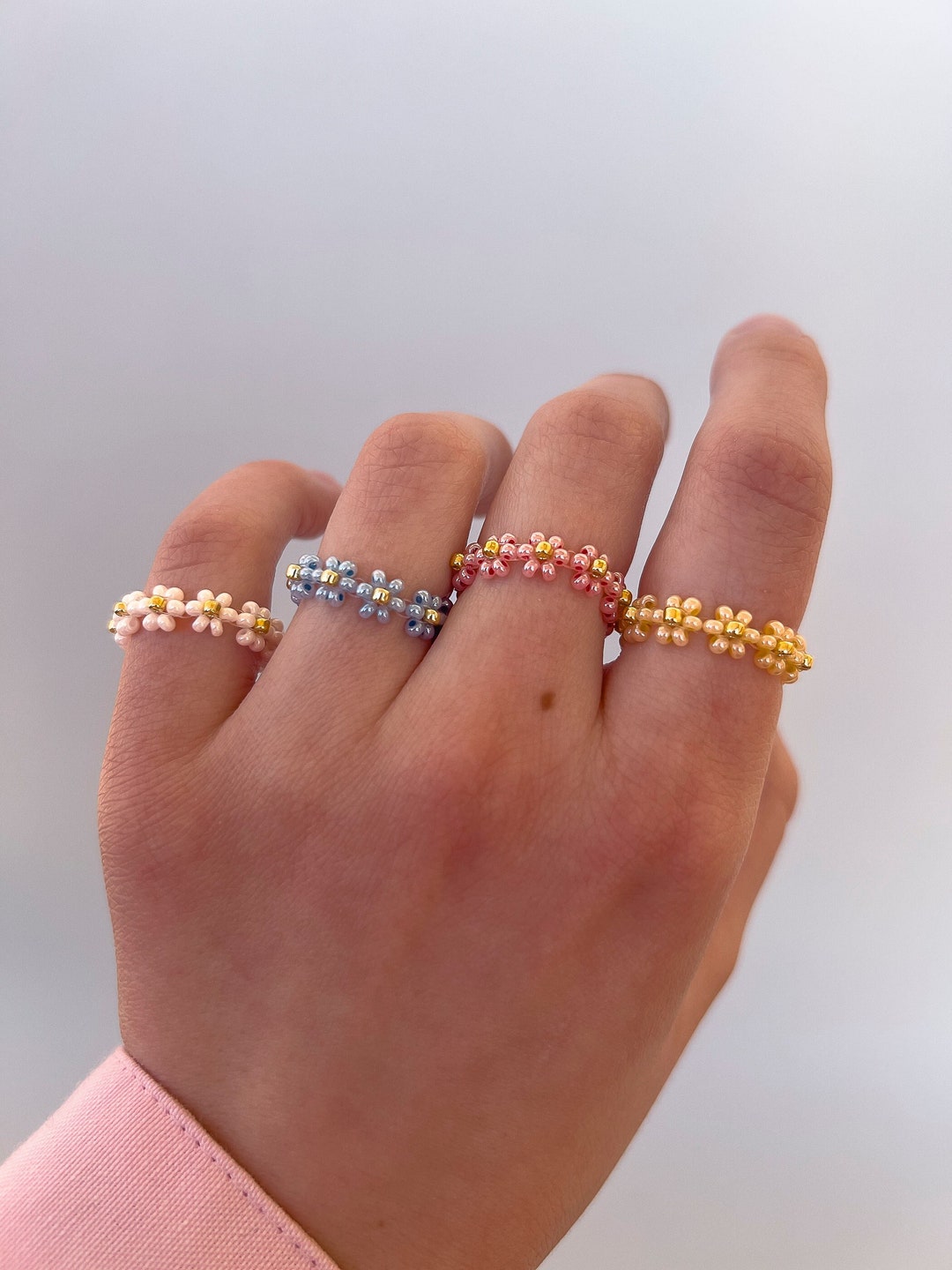 Set of Beaded Flower Rings - Etsy