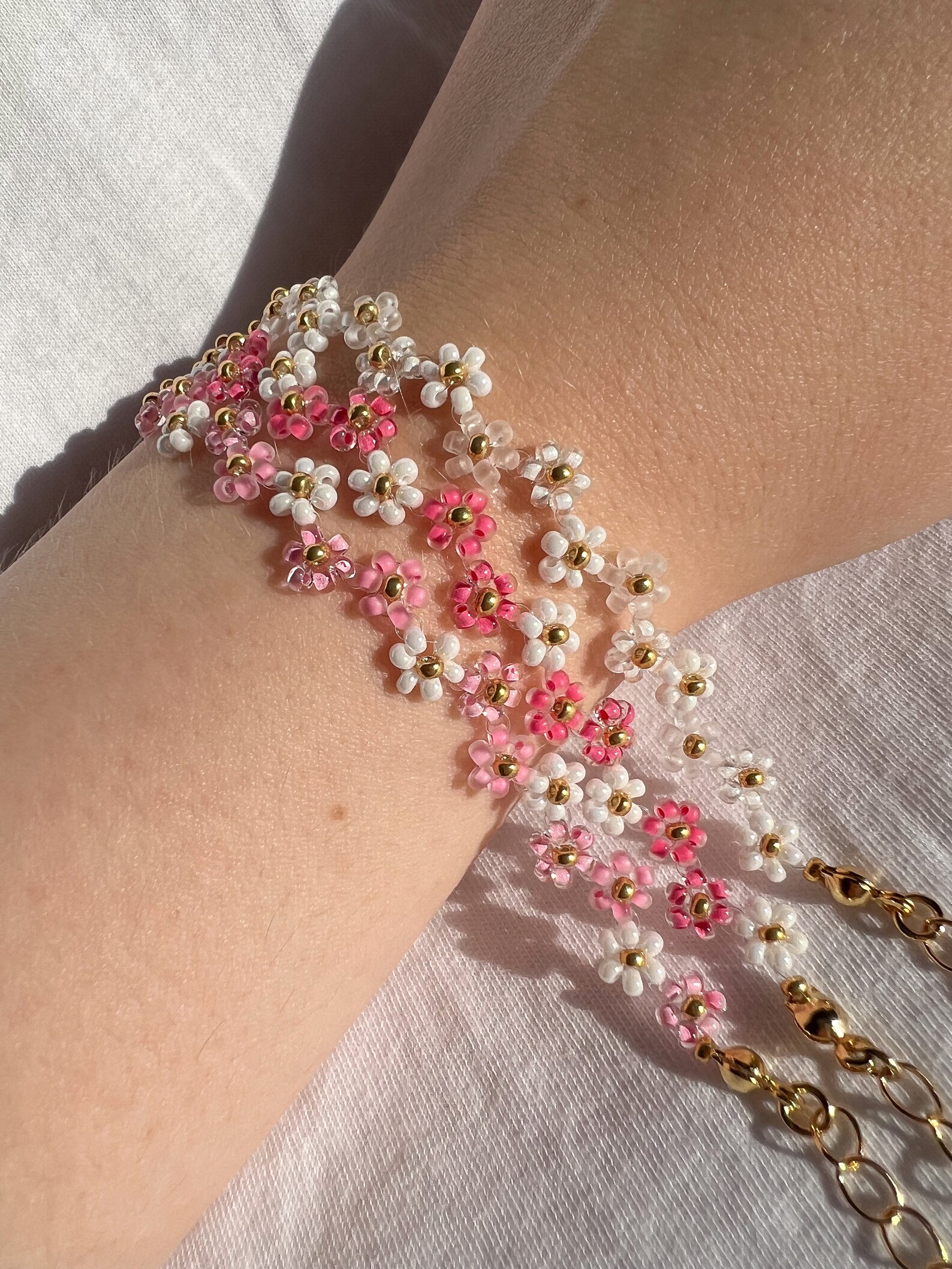 Beaded Flower Bracelet 18K Gold Plated Clasp Handmade Bracelet Zig Zag ...