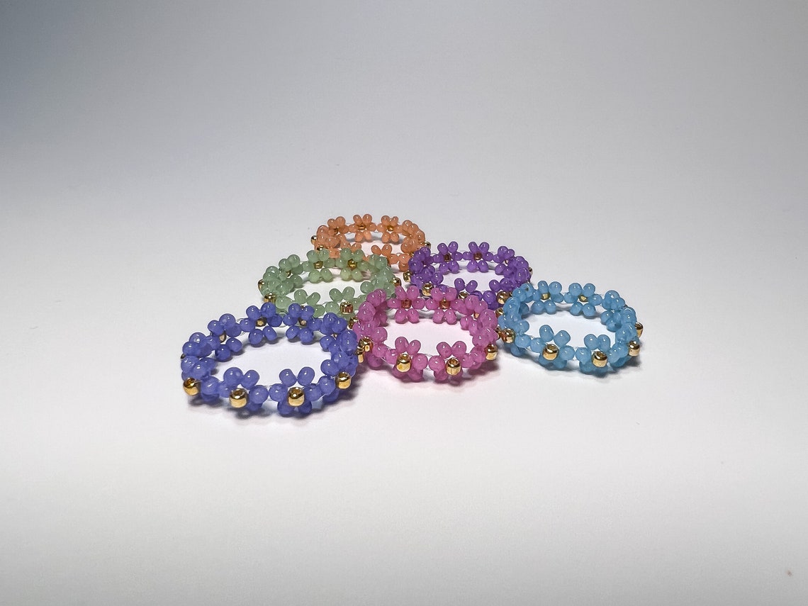 Set of 6 Seed Bead Rings Beaded Flower Rings - Etsy