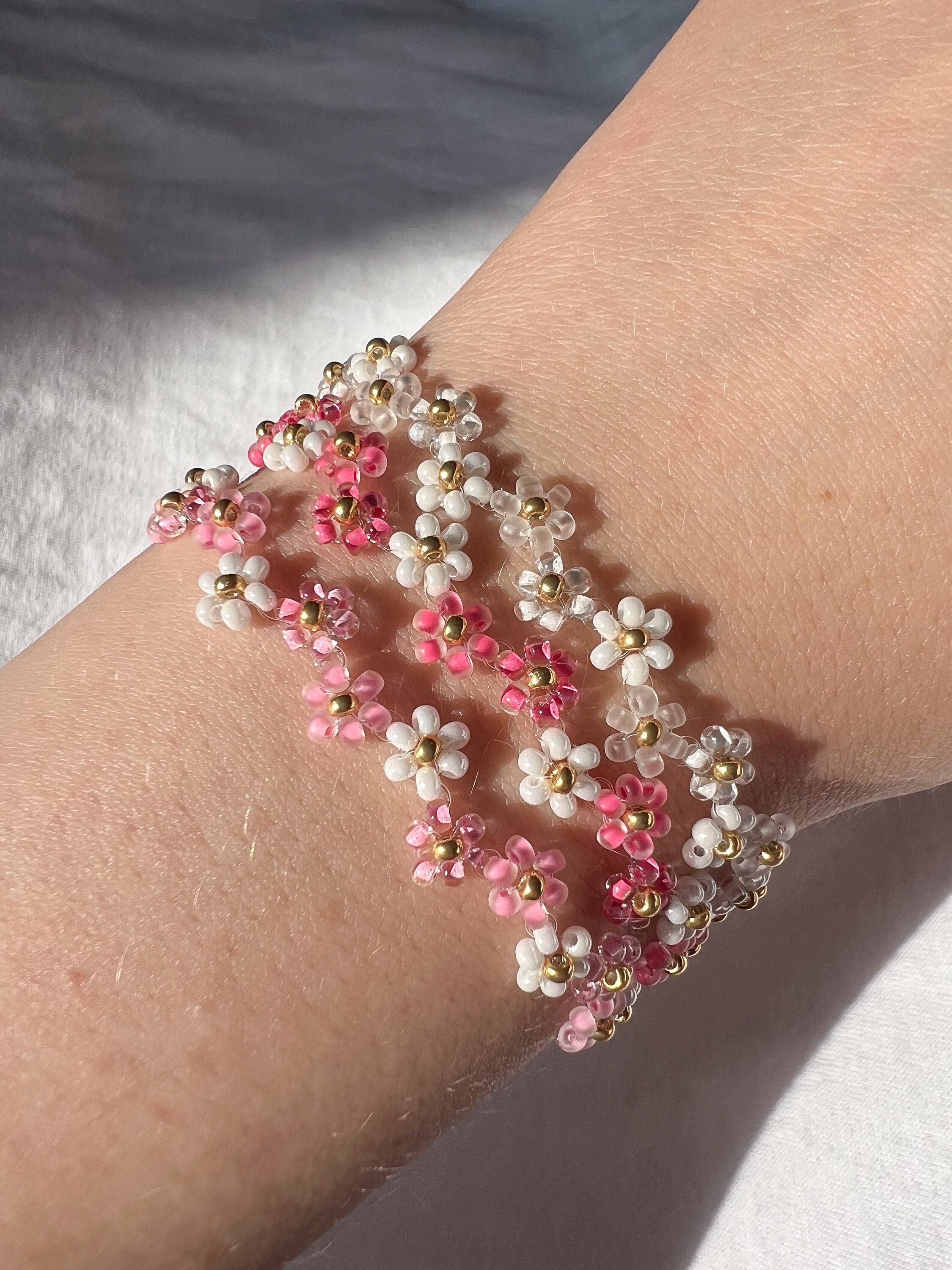 Beaded Flower Bracelet 18K Gold Plated Clasp Handmade Bracelet Zig Zag ...