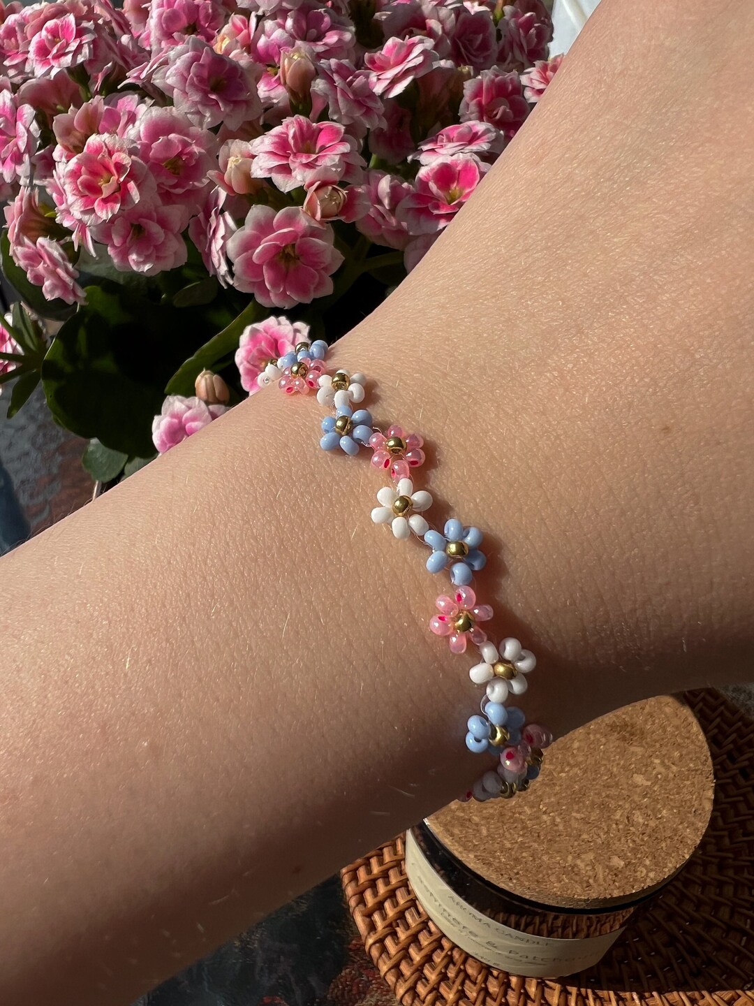 Flower Bracelet | 18K Gold Plated | Pink, Blue & White | Beaded ...