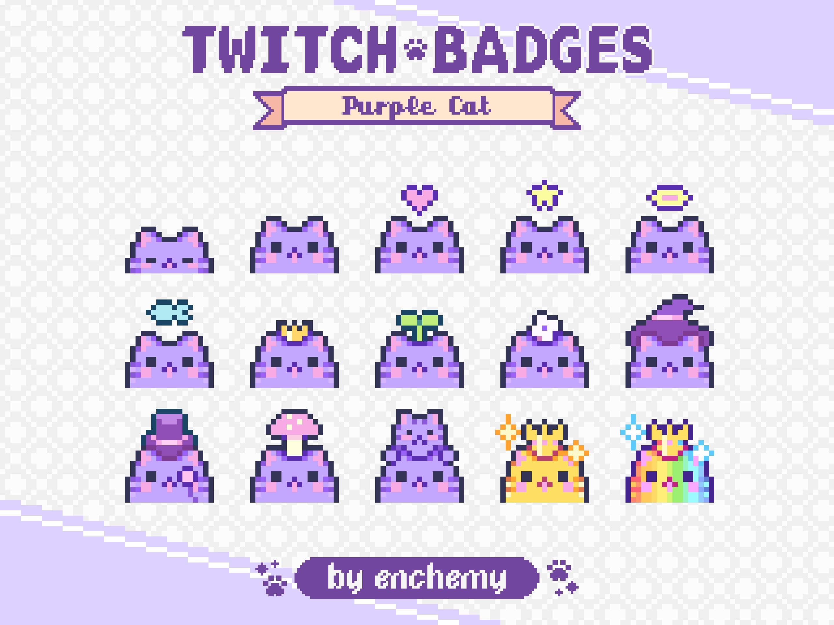 Purple Cat Face Sub Badges for Twitch, Pixel Art Bit Badges, Cute Kitty ...