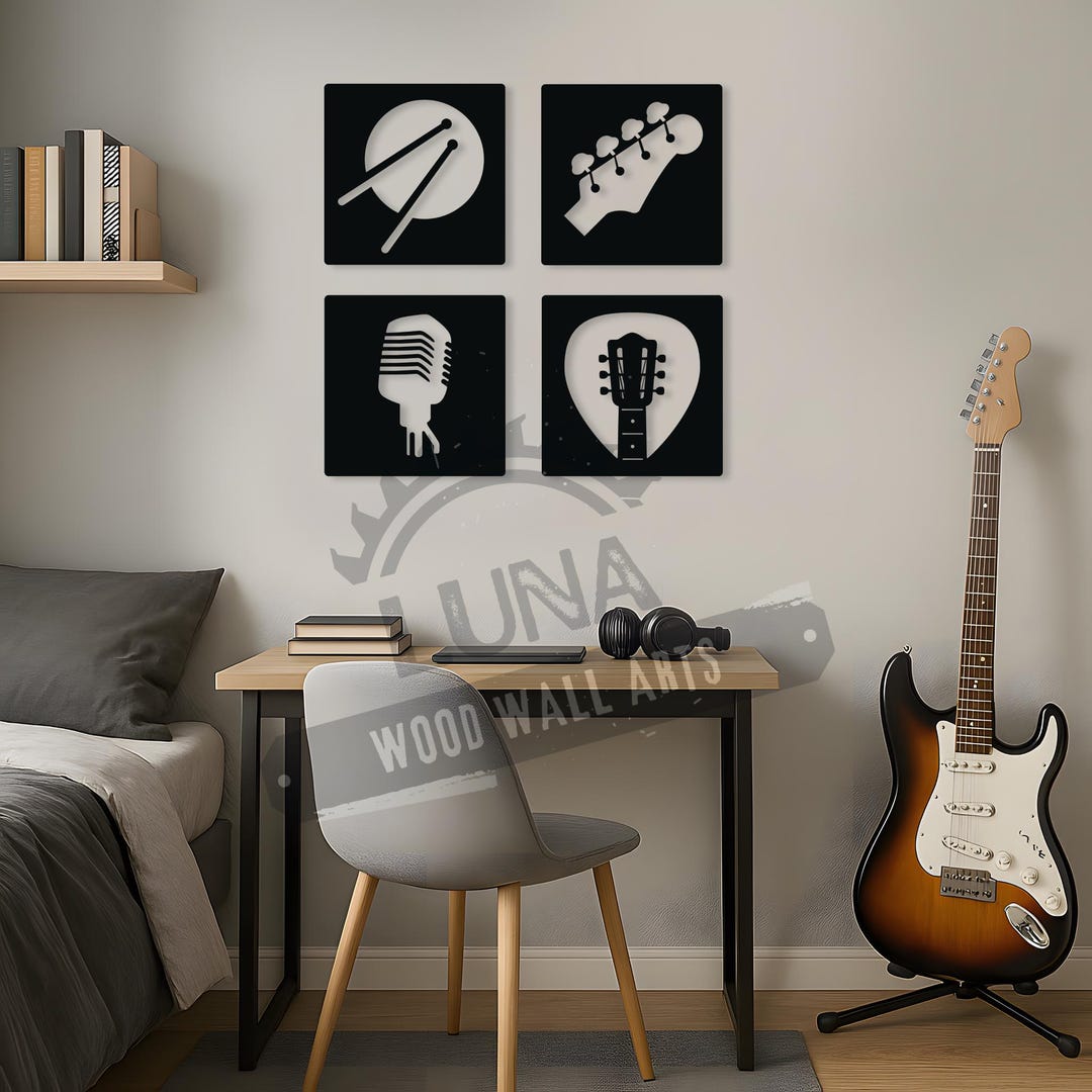 4-piece Music Wall Art Set – Guitar, Drums, Microphone & Bass Wood ...