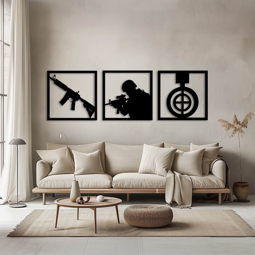 Tactical Wall Art Set - 3 Piece Soldier, Grenade, and Rifle Decor ...