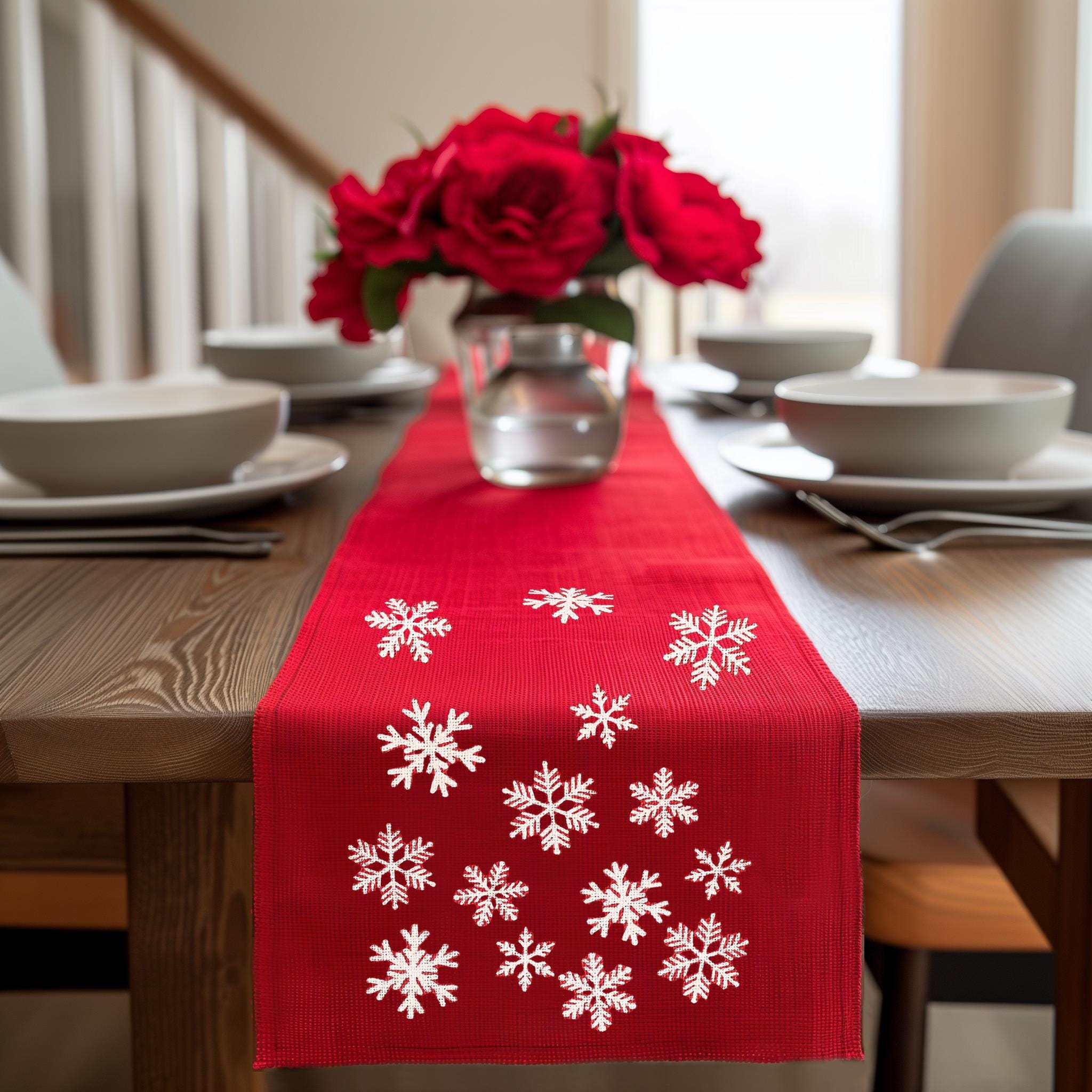 Winter Snow Flakes Red Burlap Table Runner, Hemmed, Rustic, Farmhouse ...