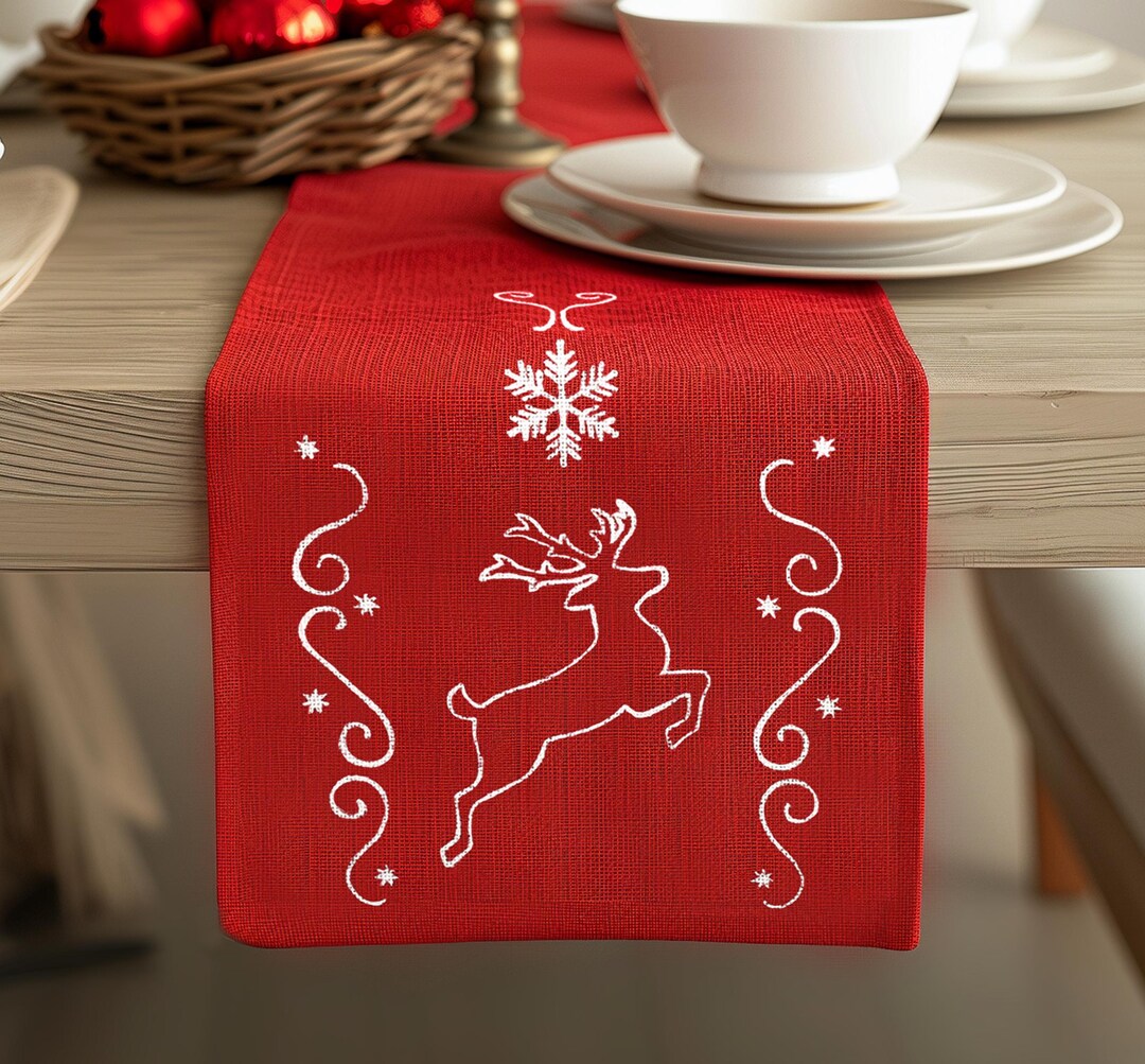 Winter Deer Red Burlap Table Runner, Hemmed, Rustic, Farmhouse ...