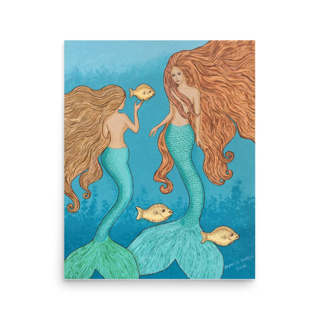 Two Mermaids With Yellow Fish Print - Etsy