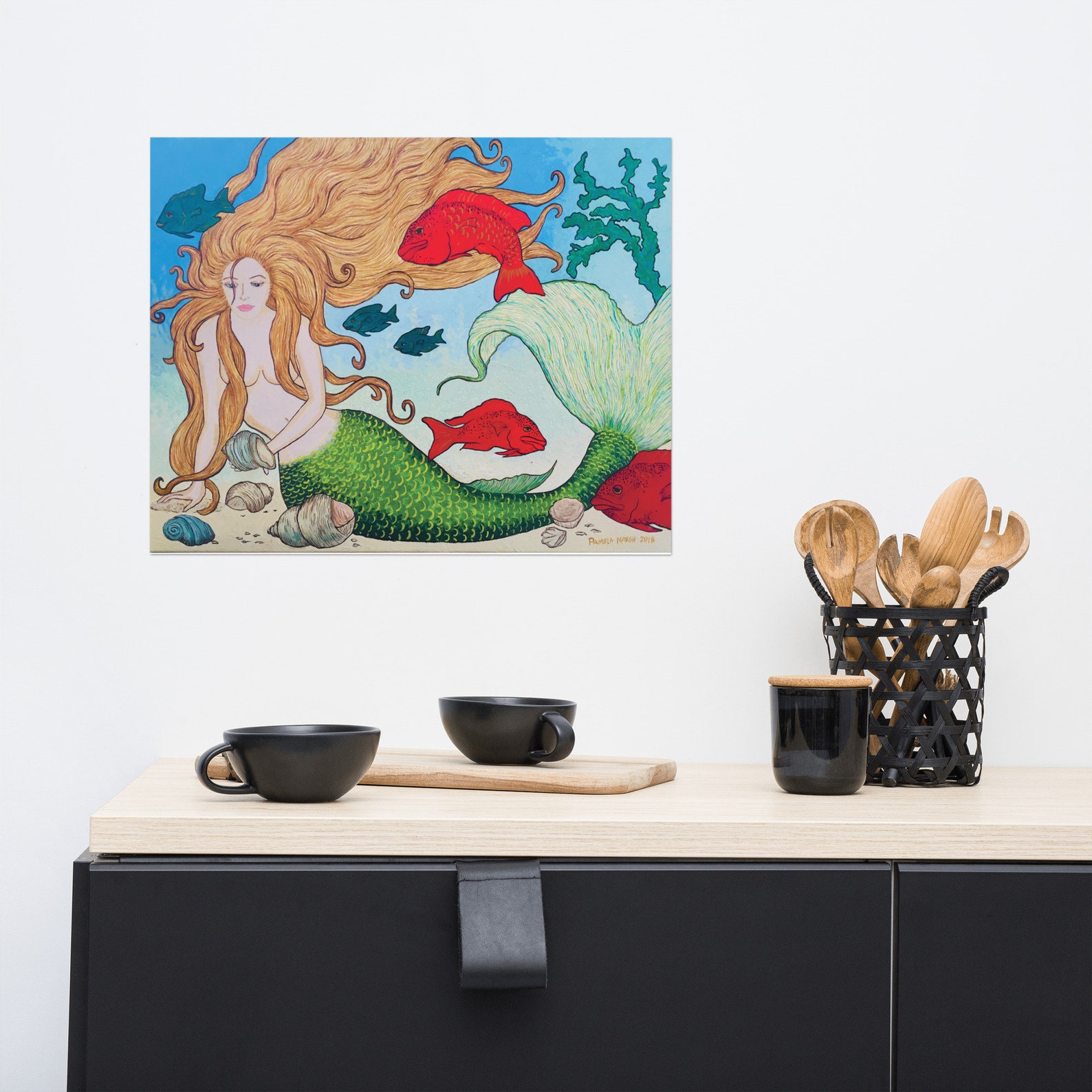 Mermaid With Shells Art Print, Mermaid Wall Decor, Mermaid Painting ...