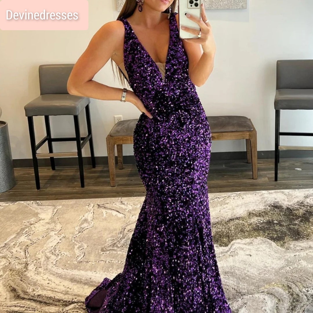 Elegant Purple Evening Dress, V-neck Sequin Dress, Floor Length Mermaid ...