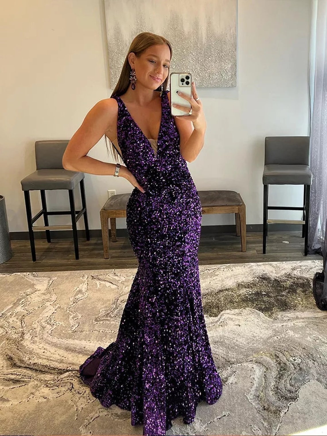 Elegant Purple Evening Dress V-neck Sequin Dress Floor - Etsy