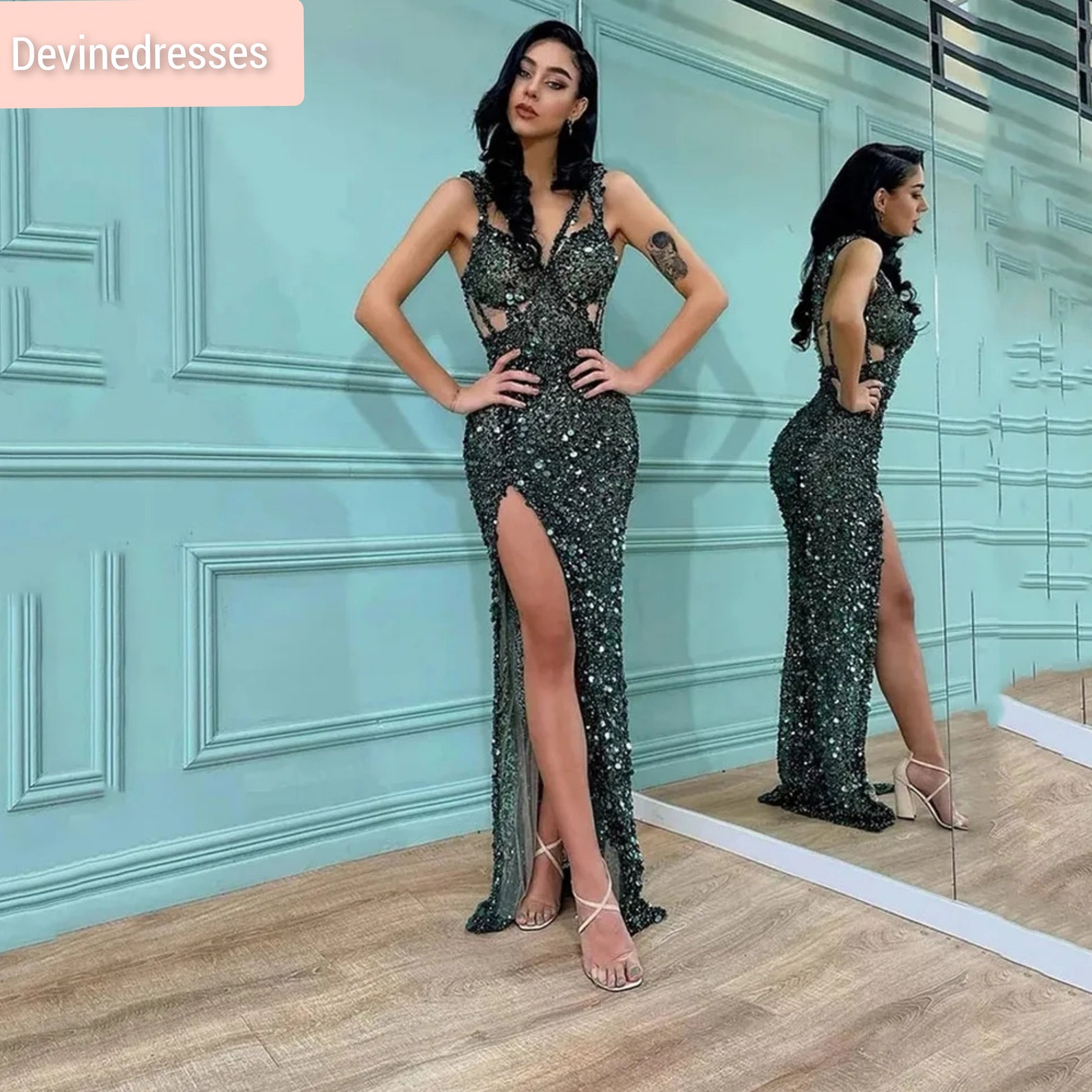 Emerald Evening Dress, Prom Dress, Sequined Evening Gown - Etsy