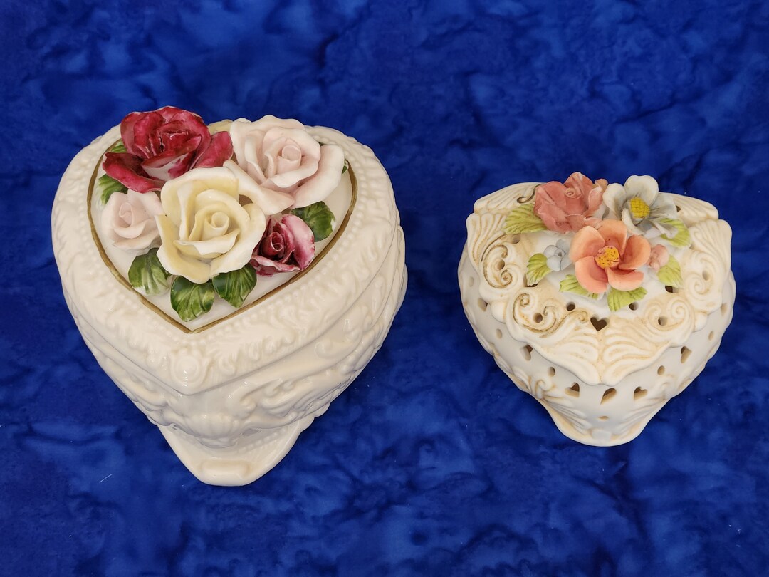 Porcelain Heart Trinket Boxes With Roses on Top Home Décor, Heart With ...