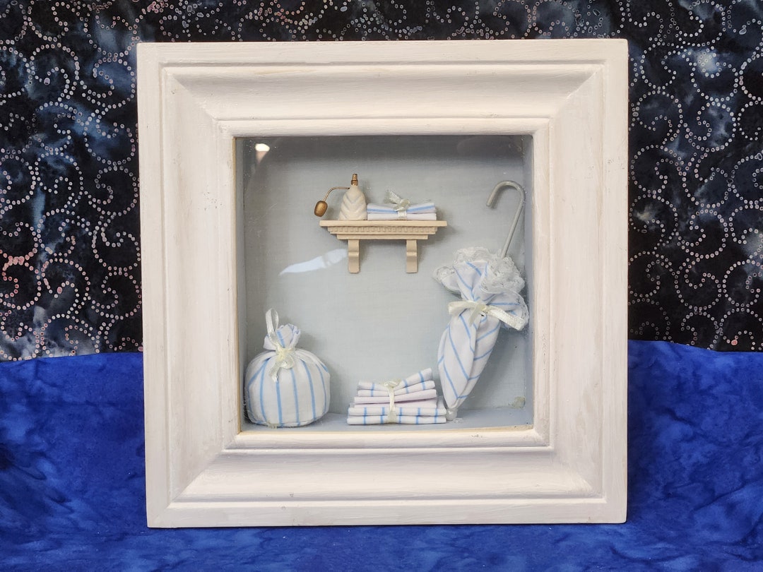 Vintage Blue and White Shadow Box With Perfume Bottle, Umbrella, and ...