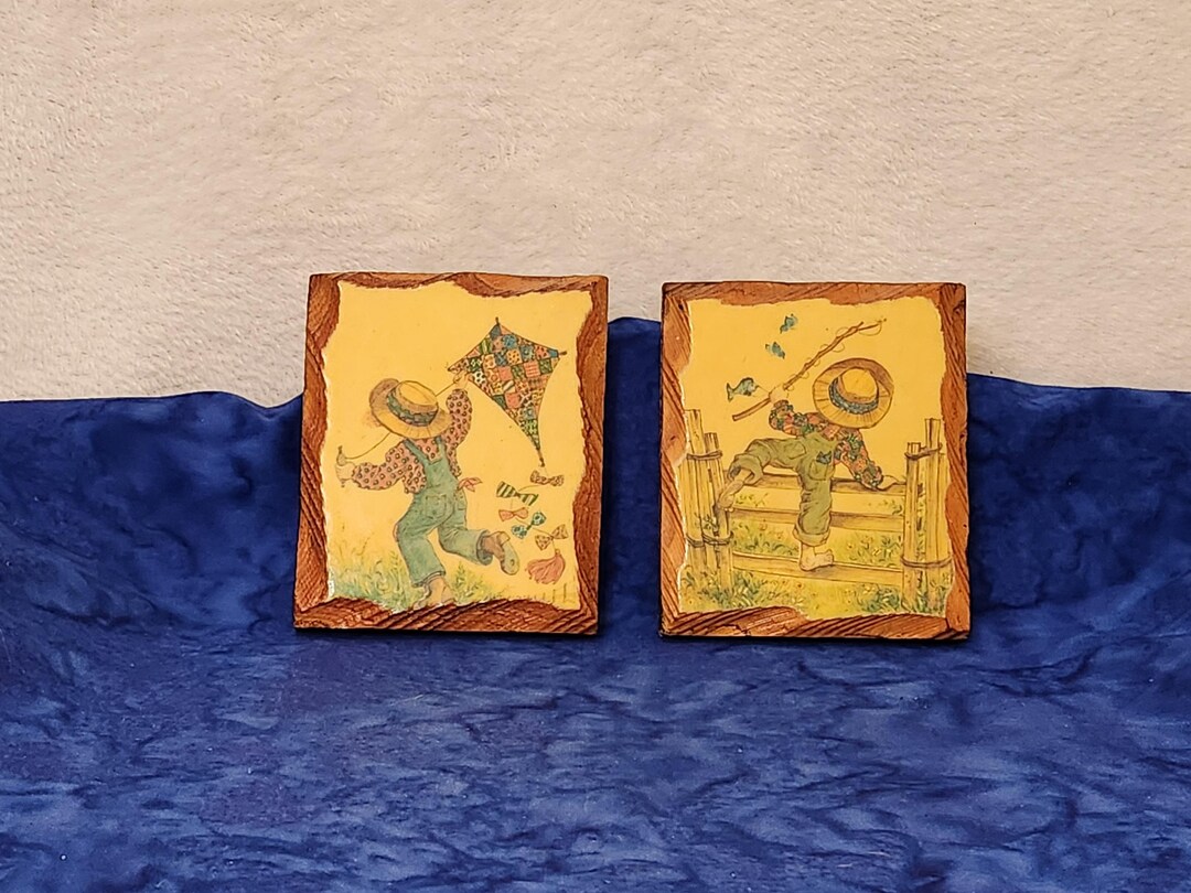 Vintage Hummel Like Mini Pictures of Boy in Overalls Going Fishing and ...