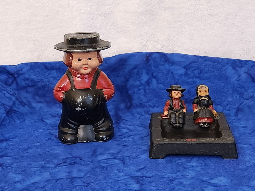 Cast Iron Amish Man Piggy Bank or Ashtray With Amish Couple on It, Gift ...