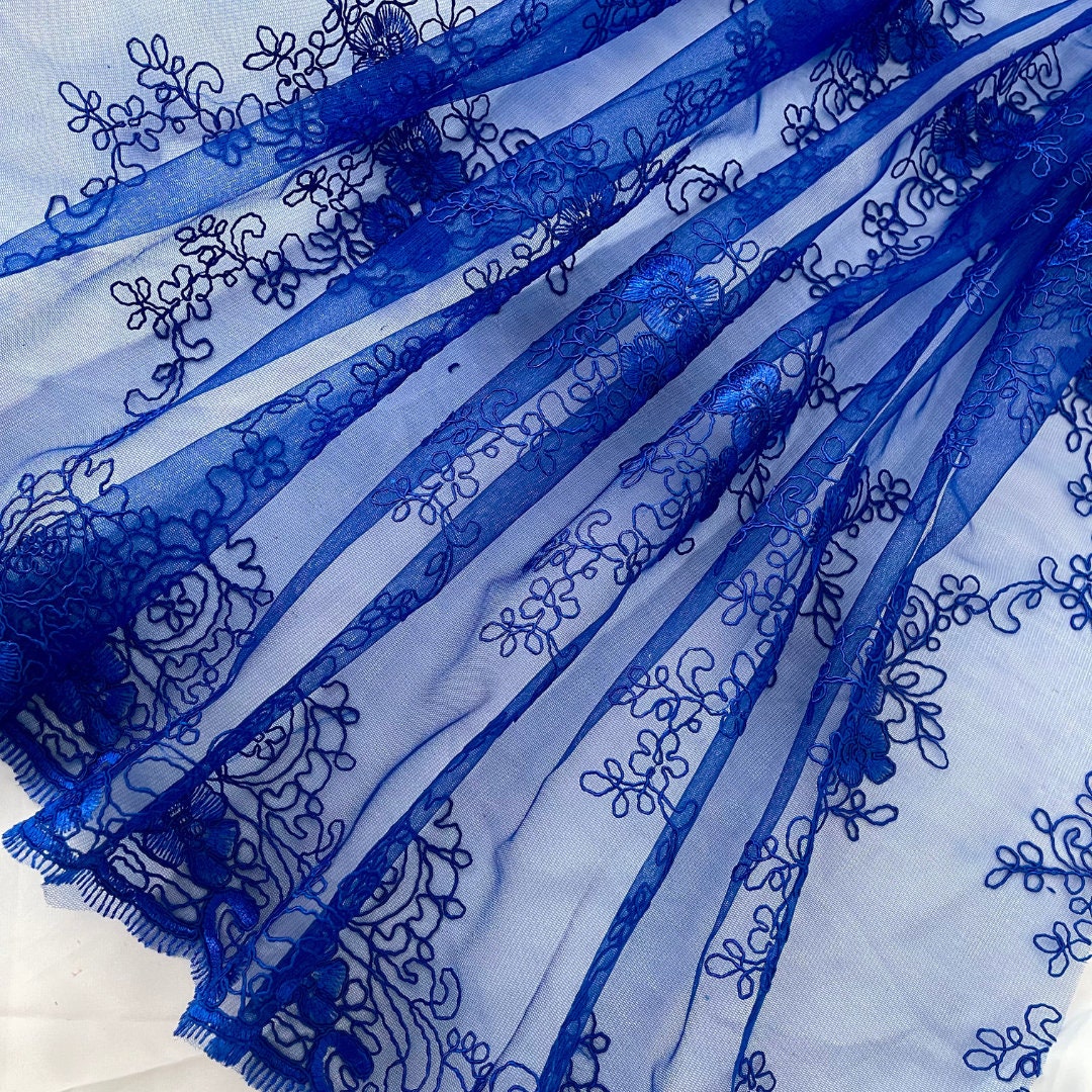 Royal Blue Embroidered Floral Mesh Lace,blue Scalloped Lace Fabric by ...