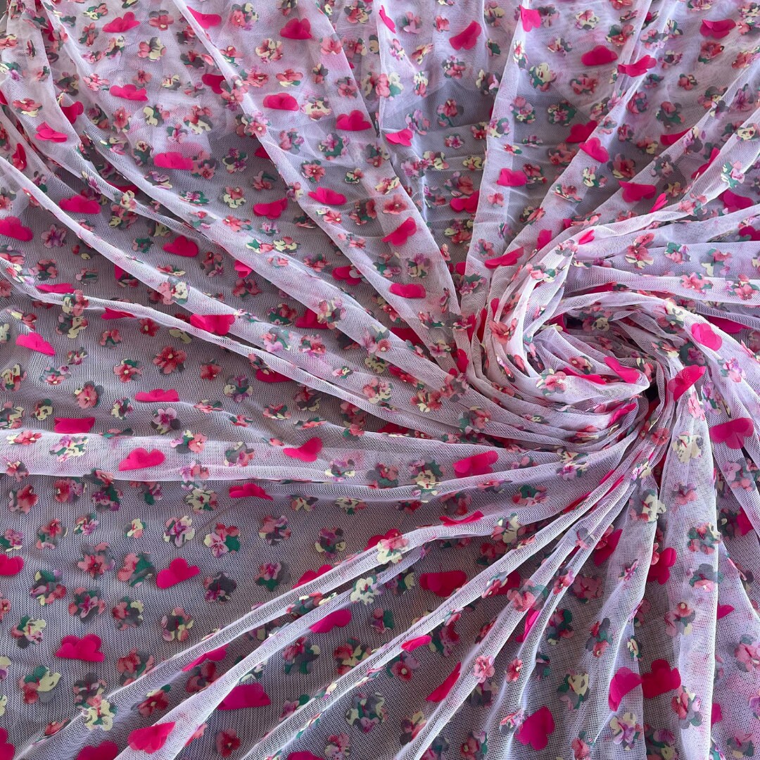 Baby Pink 3D and 2D Multicolor Beaded Flowers on Mesh Fabric,baby Pink ...