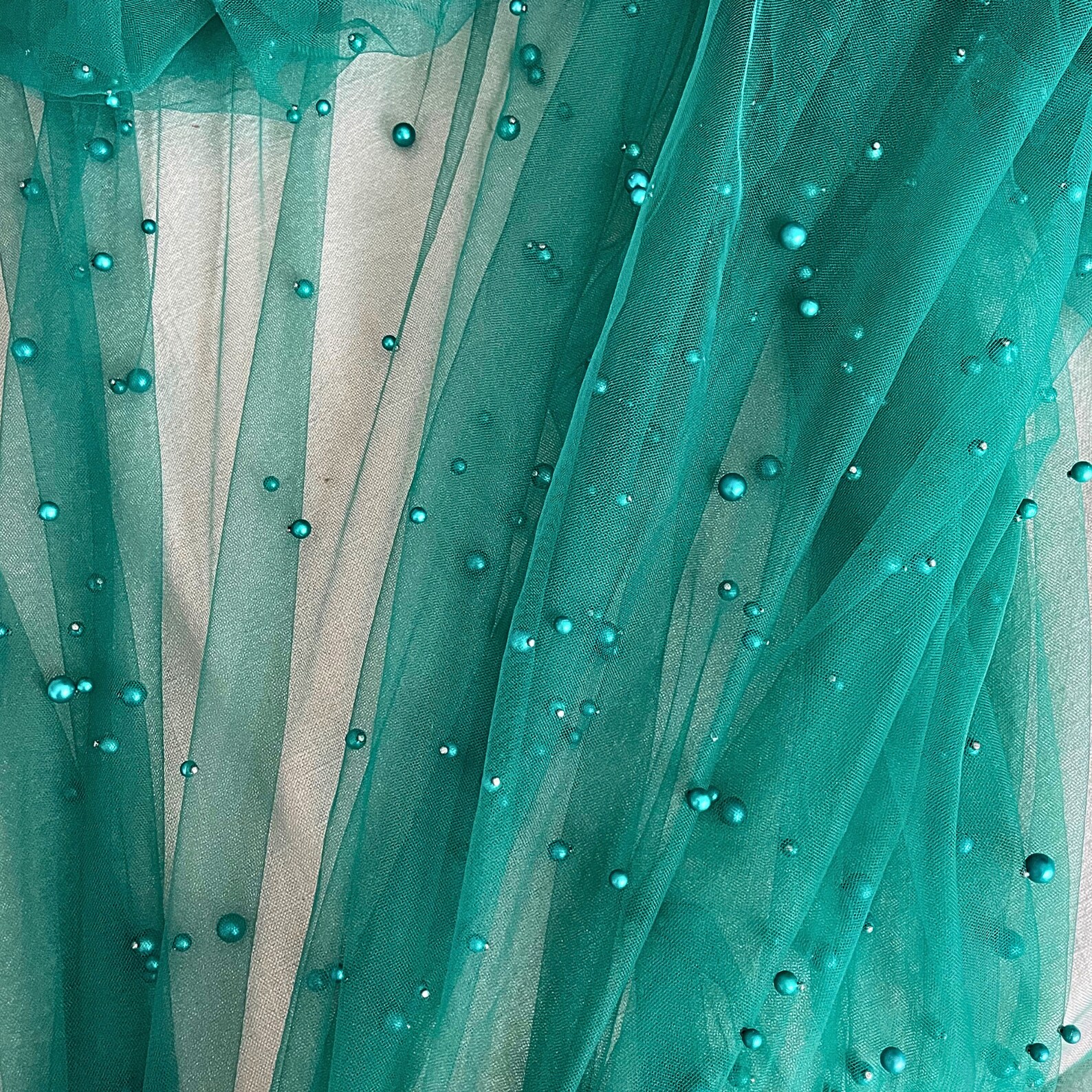 Pearl on Mesh Emerald Green Tulle Fabric, Bridal Beaded Dress Fabric ...