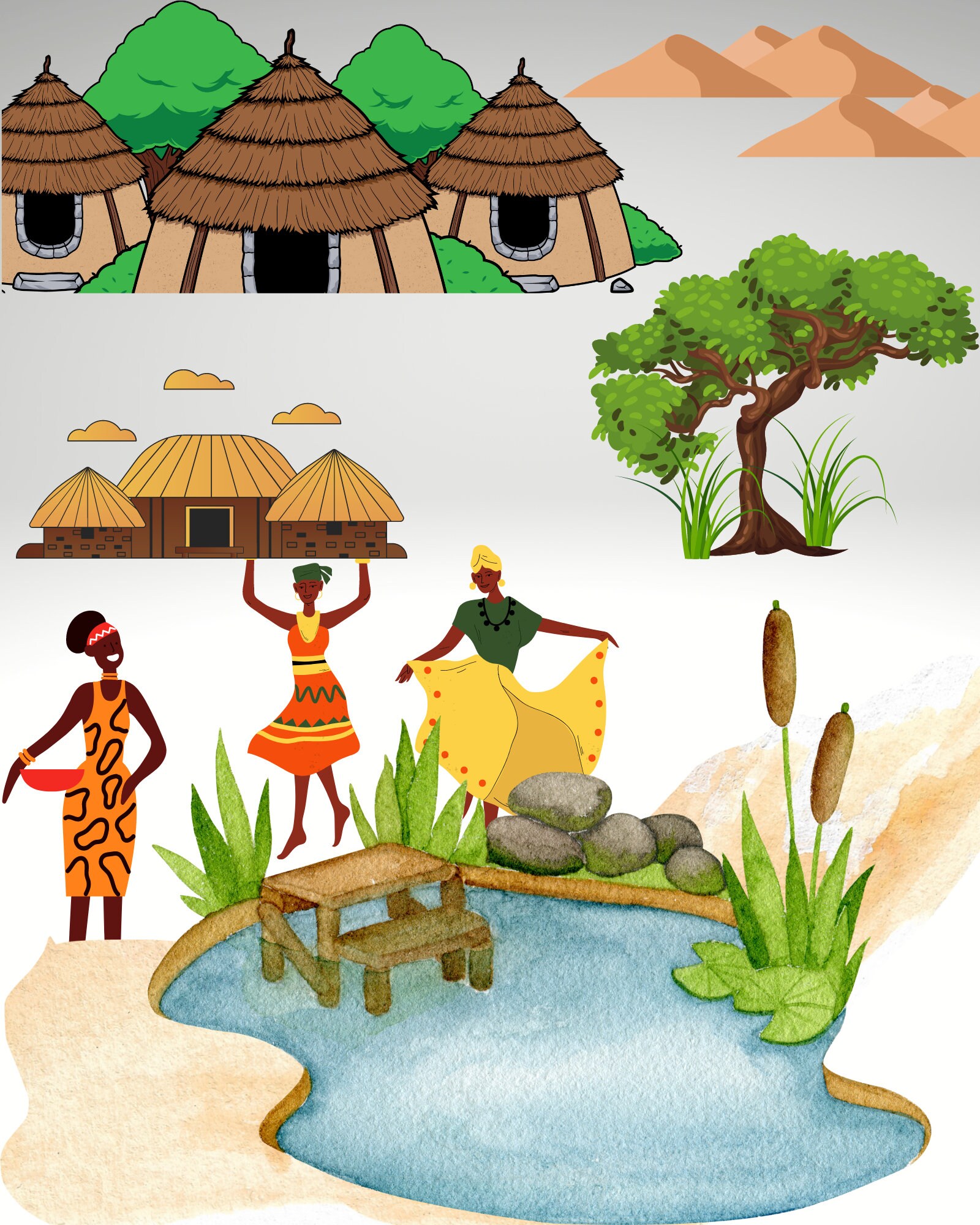 African Village Scene Digital Art, African Art, Wall Art, Wall Hanging ...