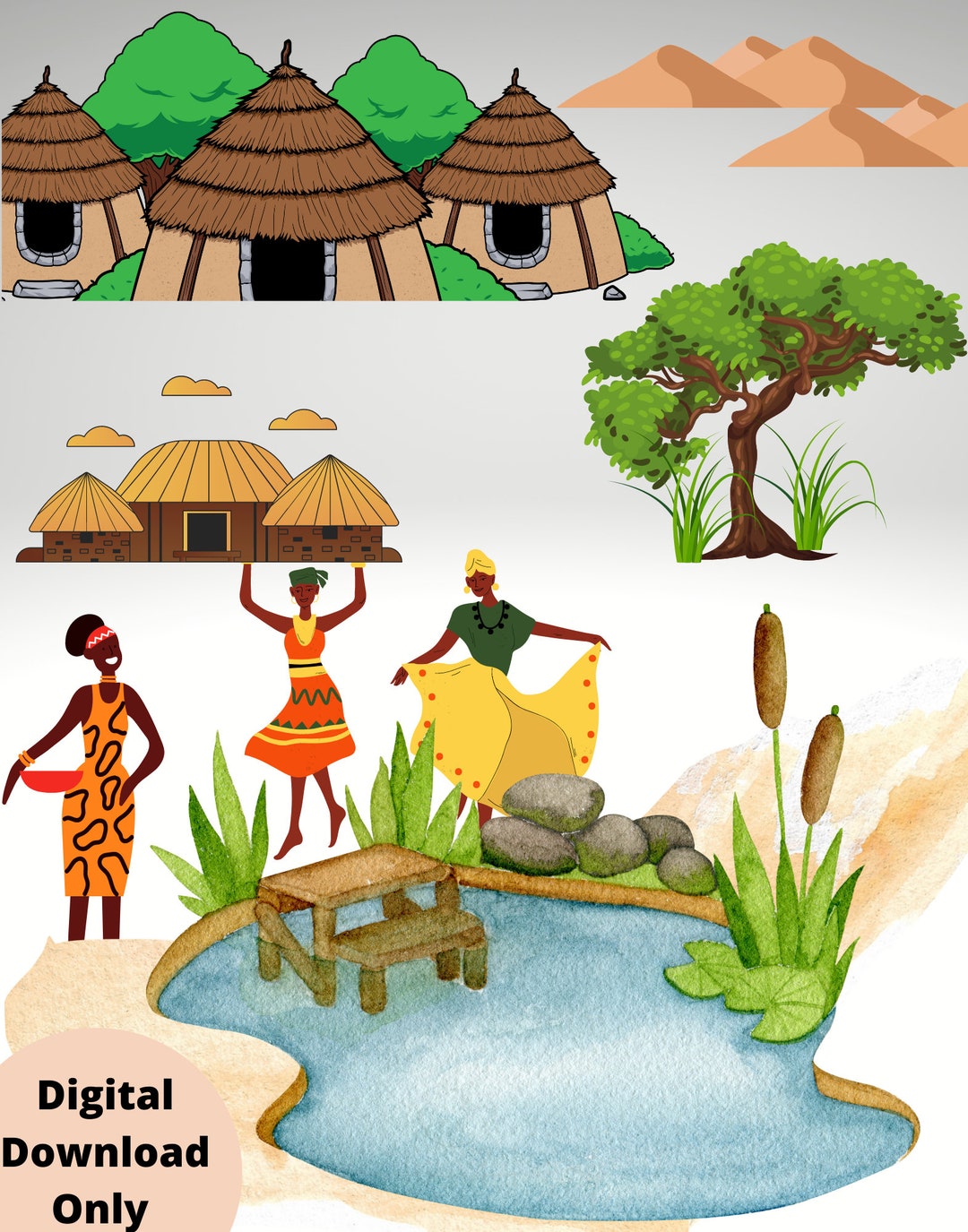 African Village Scene Digital Art, African Art, Wall Art, Wall Hanging ...