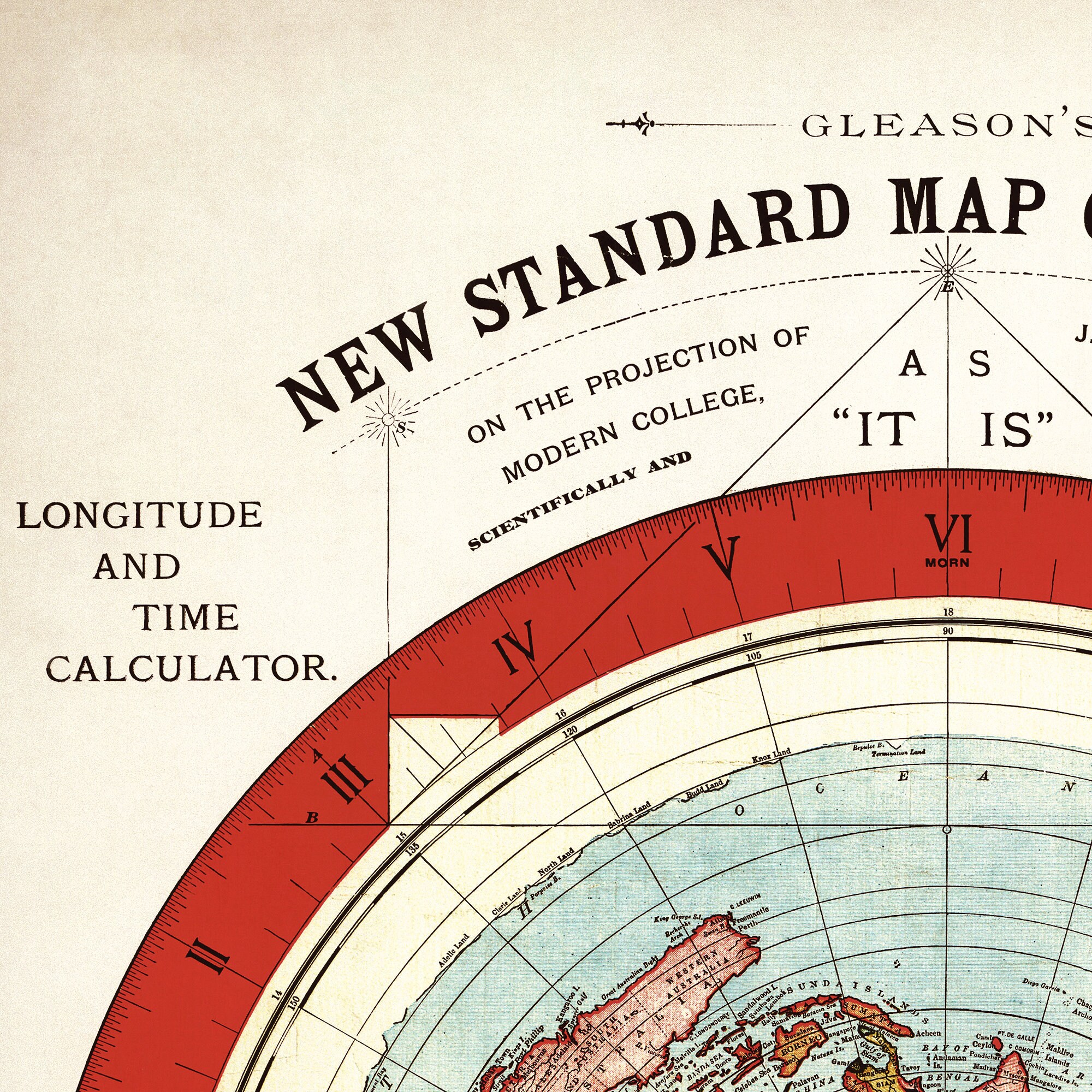 Flat Earth Map 1892 Gleason's New Standard Map of the World A3 Poster ...