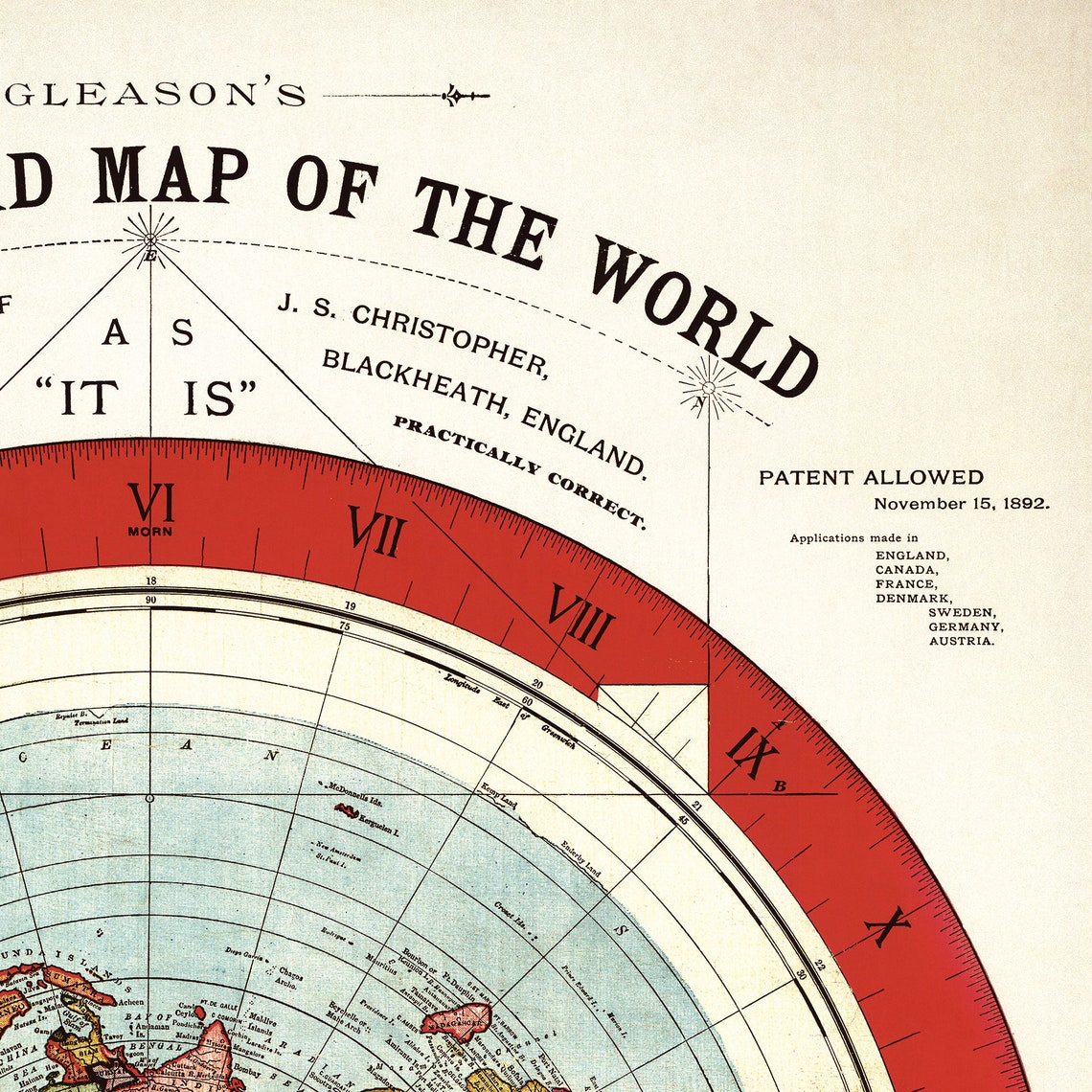 Flat Earth Map 1892 Gleason's New Standard Map of the World A3 Poster ...