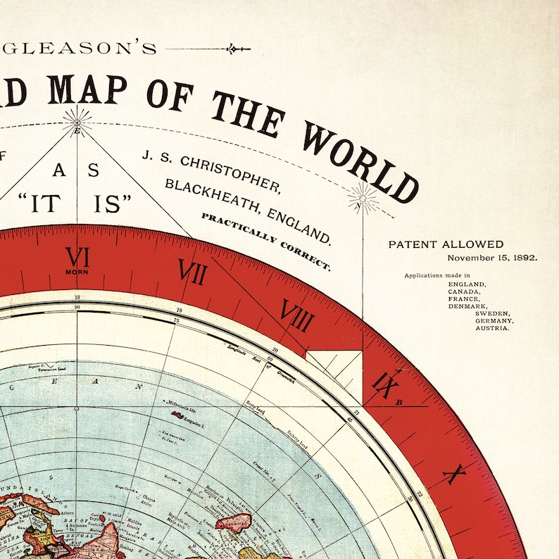 Flat Earth Map 1892 Gleason's New Standard Map of the World A3 Poster Print Wall Art Vintage ...