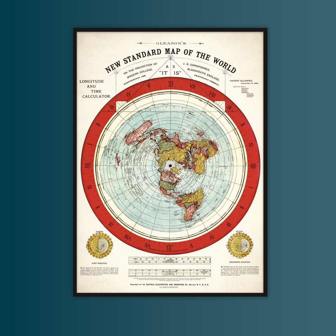 Flat Earth Map 1892 Gleason's New Standard Map of the World A3 Poster ...
