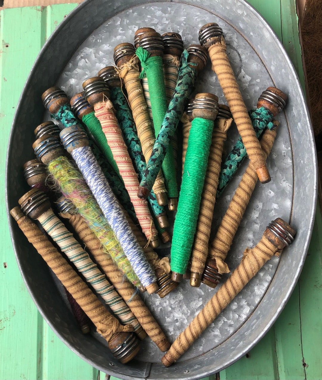 S-01 FOUR Vintage/primitive Wooden Spools, Pins, Spindles Wrapped With ...