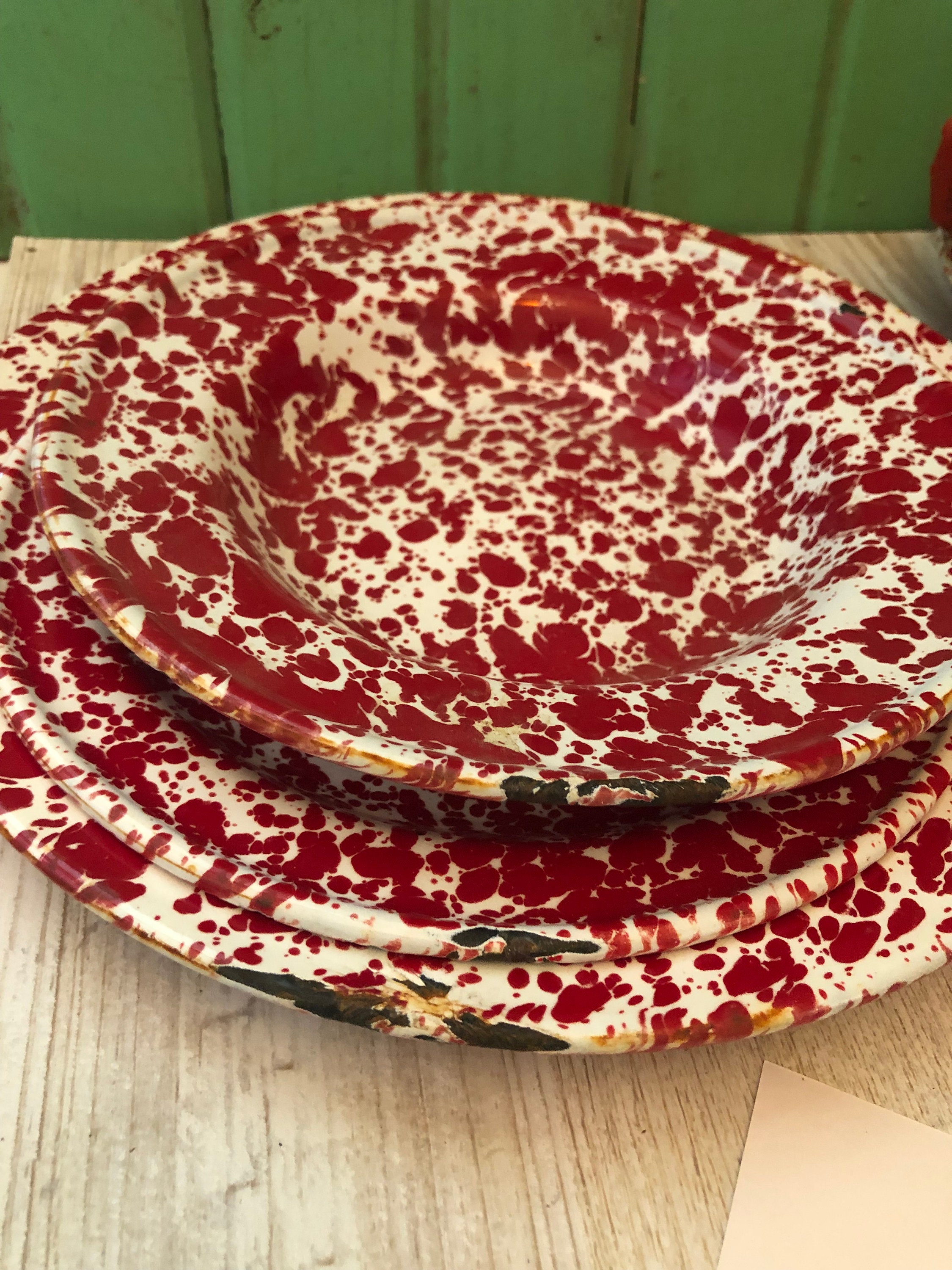 Vintage 3-piece Set of Red and White Splatterware – Enamelware ...