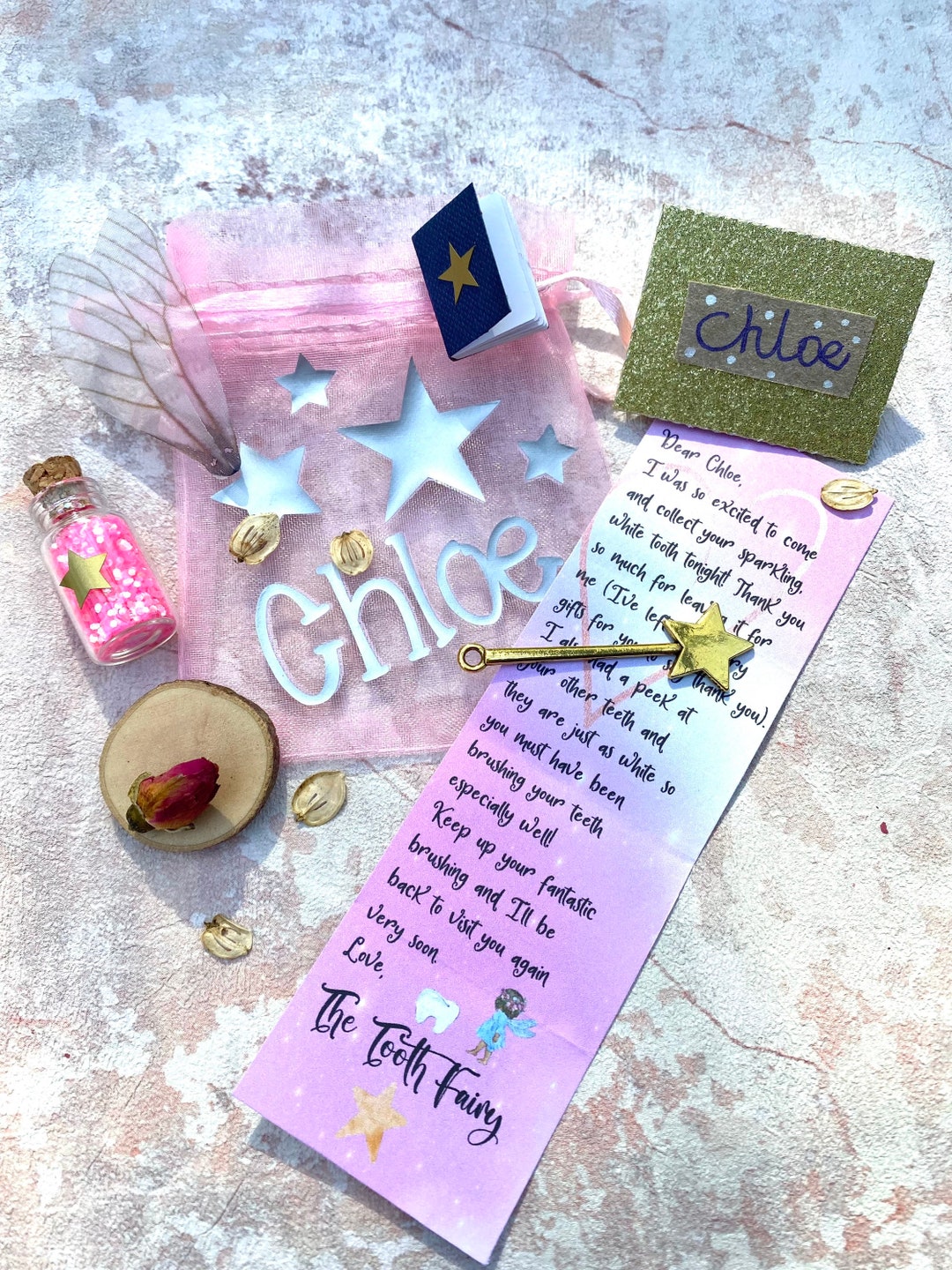 Tooth Fairy Set- Personalised Fairy Letter, Bag With Gifts, Wand, Fairy ...
