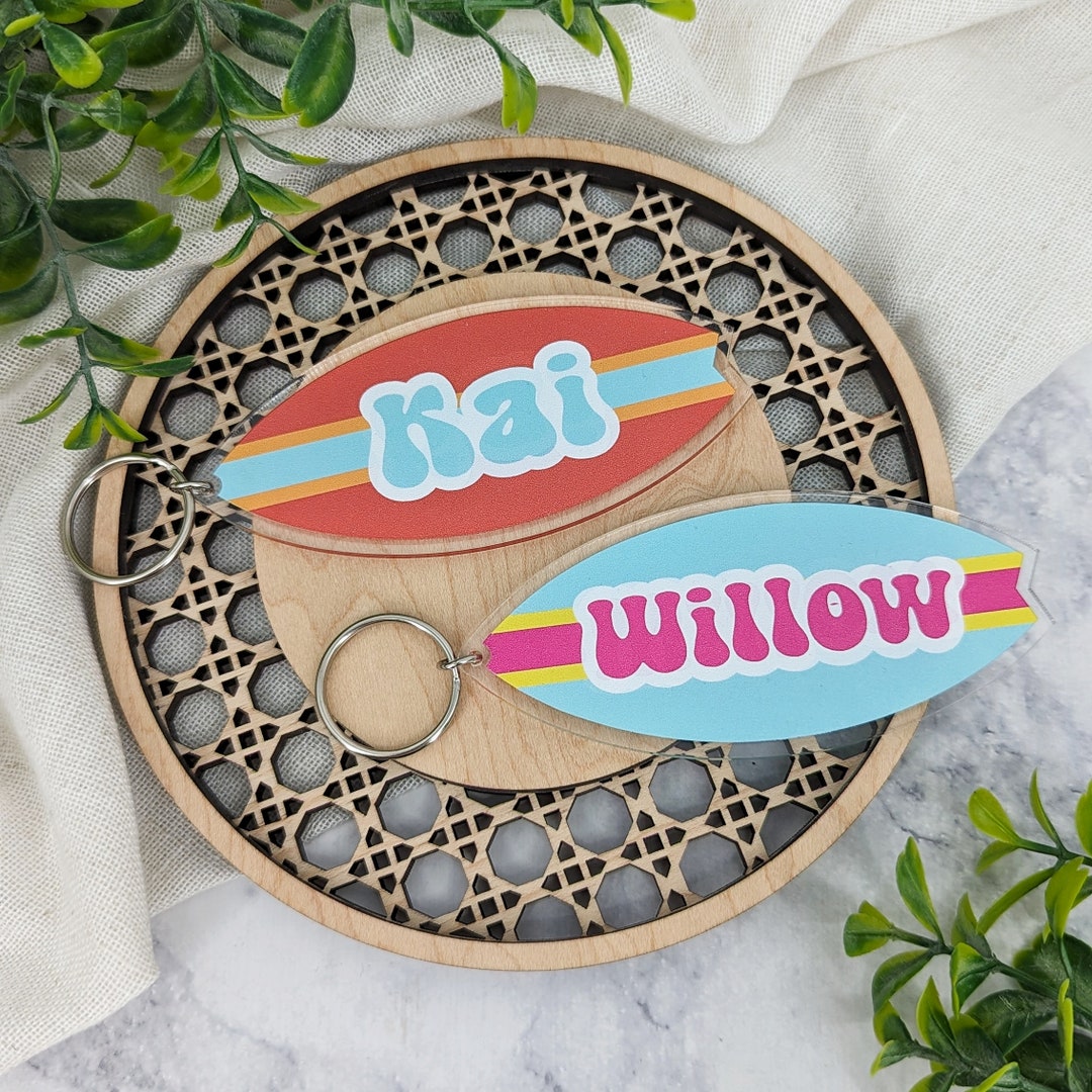 Custom Surfboard Keychain Name Backpack Tag Coastal Retro Gift for Kids ...