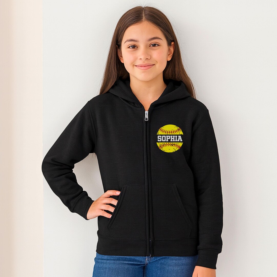Custom Girls Softball Zip Hoodie With Name - Youth Softball Sweatshirt ...