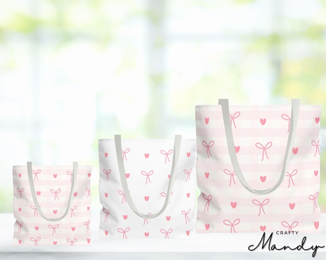 Crafty Mandy Pink Bows & Hearts Tote Bag - Soft Pastel Pink Tote, Coquette Theme Carryall ...