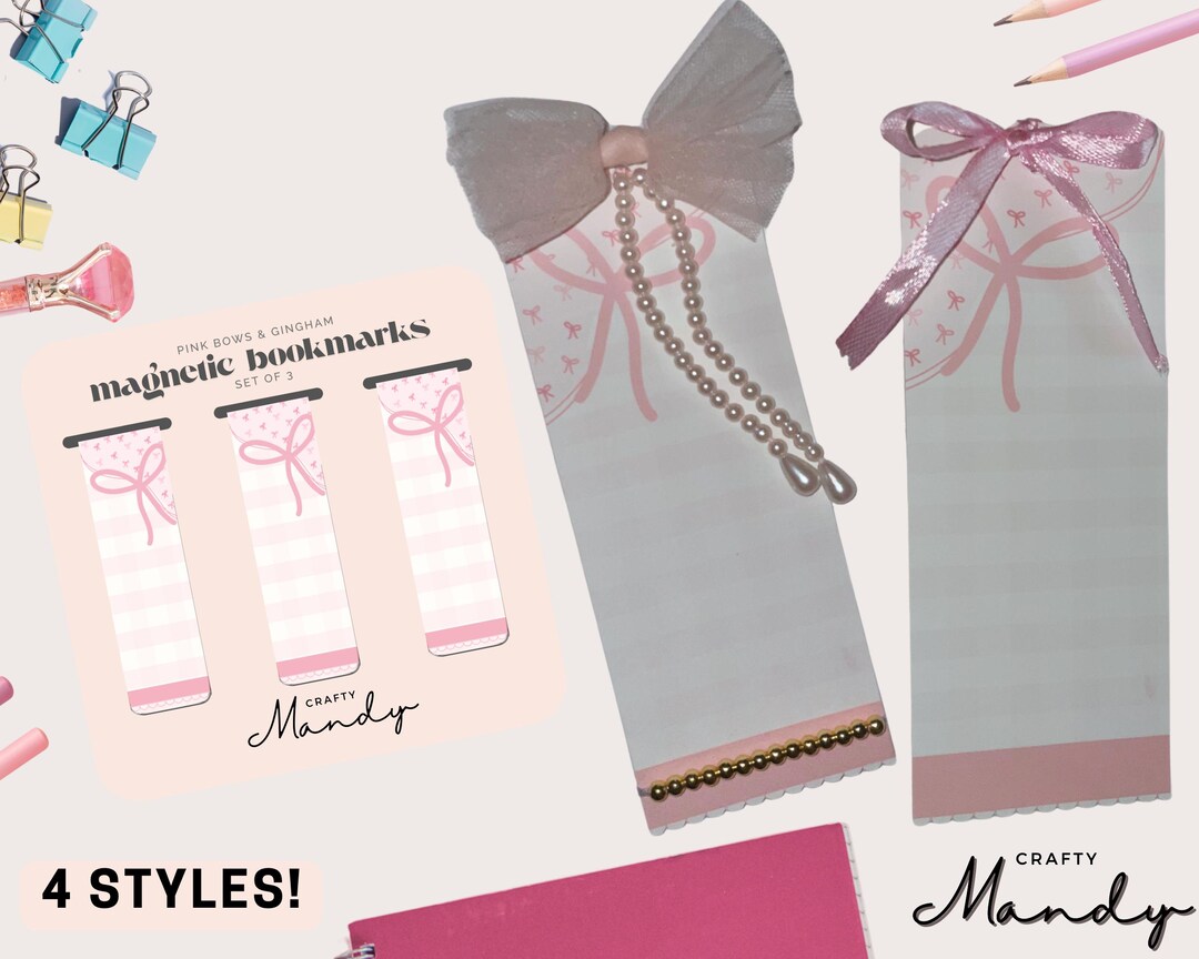 Pink Bows & Gingham Bookmark, Laminated Bookmark, Printed Bookmark ...