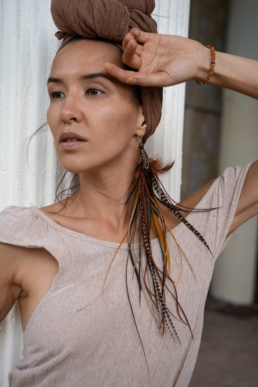 Long Feather Mono Earring Brown and Black. Natural Feather Single ...