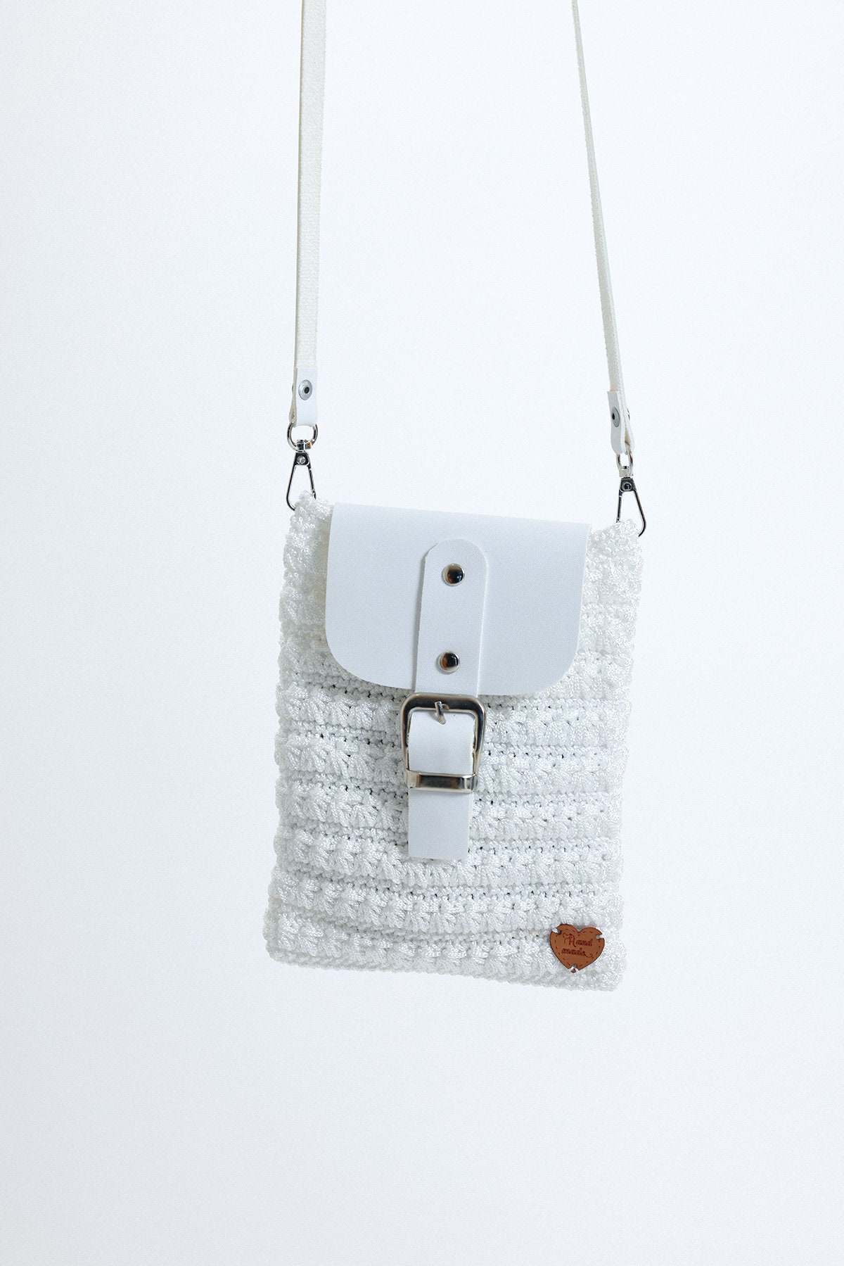 White Crochet Crossbody Bag,knitted Small Bag With Leather Straps ...
