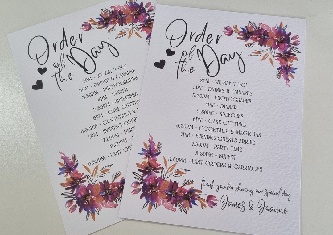 Order of the Day Cards Order of Events Wedding Day Timeline ...
