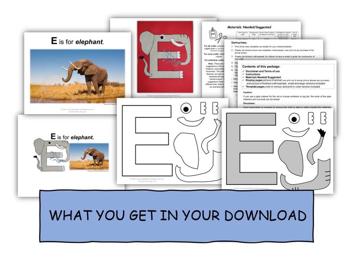 Letter E Elephant Printable Color in or Print in Color Cut and Paste ...