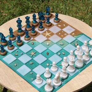 Beach Chess Set With Natural Wooden Storage, Ocean Beach Themed Resin ...