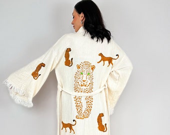 Handmade Cotton Muslin White Leopard Kimono Cardigan Robe, Leopard ...